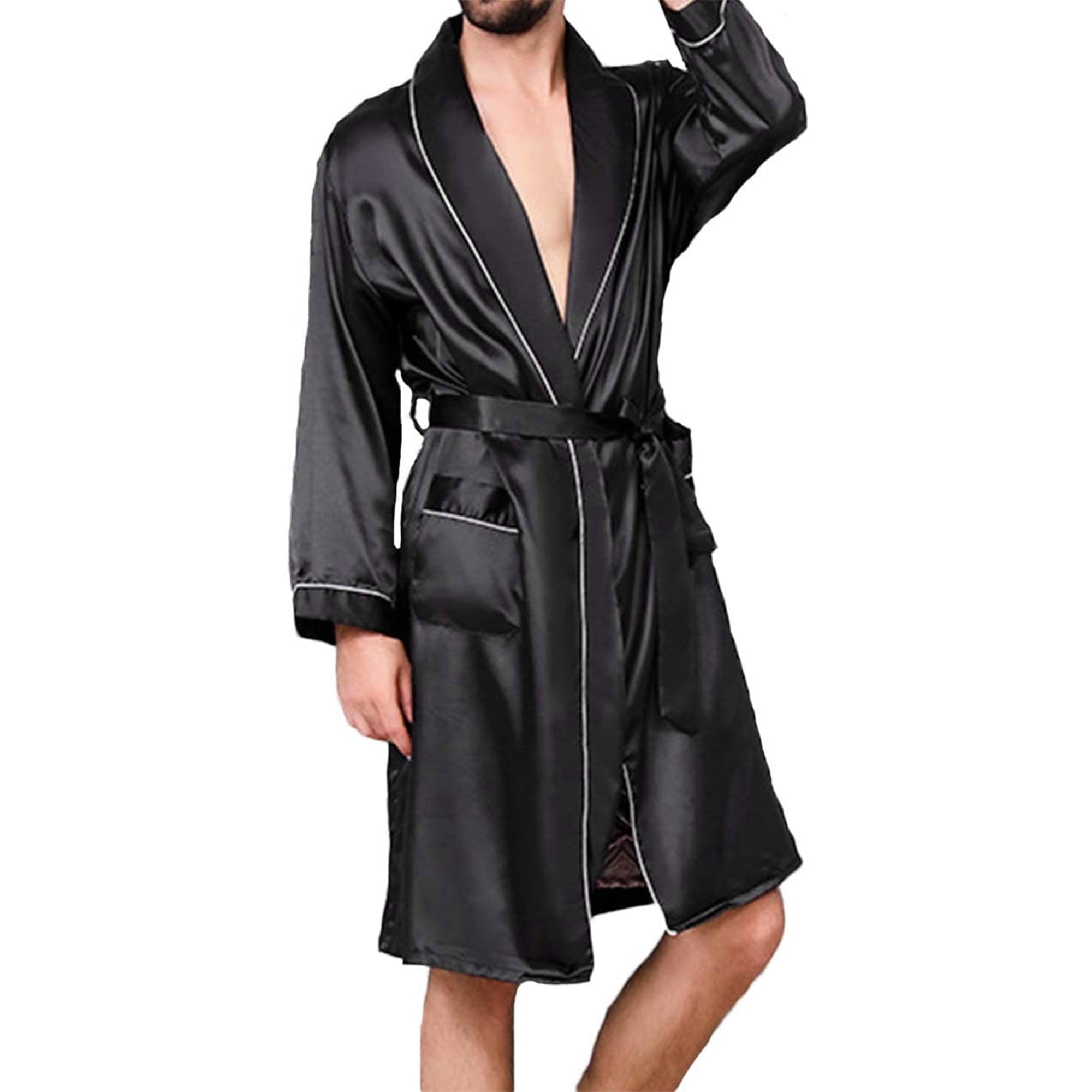 Gupgi Men Satin Bathrobe Contrast Color Long Sleeve V Neck Midi Night Robe With Pockets
