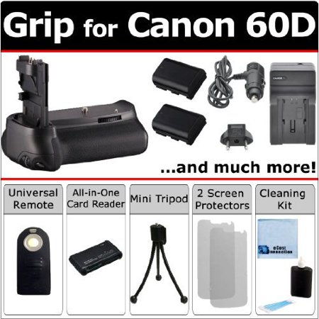 Battery Grip for Canon EOS 60D DSLR Camera, (2) LP-E6 Battery, Charger ...