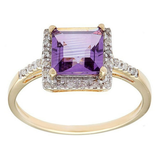 Designer Diamonds - 10k Yellow Gold Square Amethyst and Diamond Halo ...