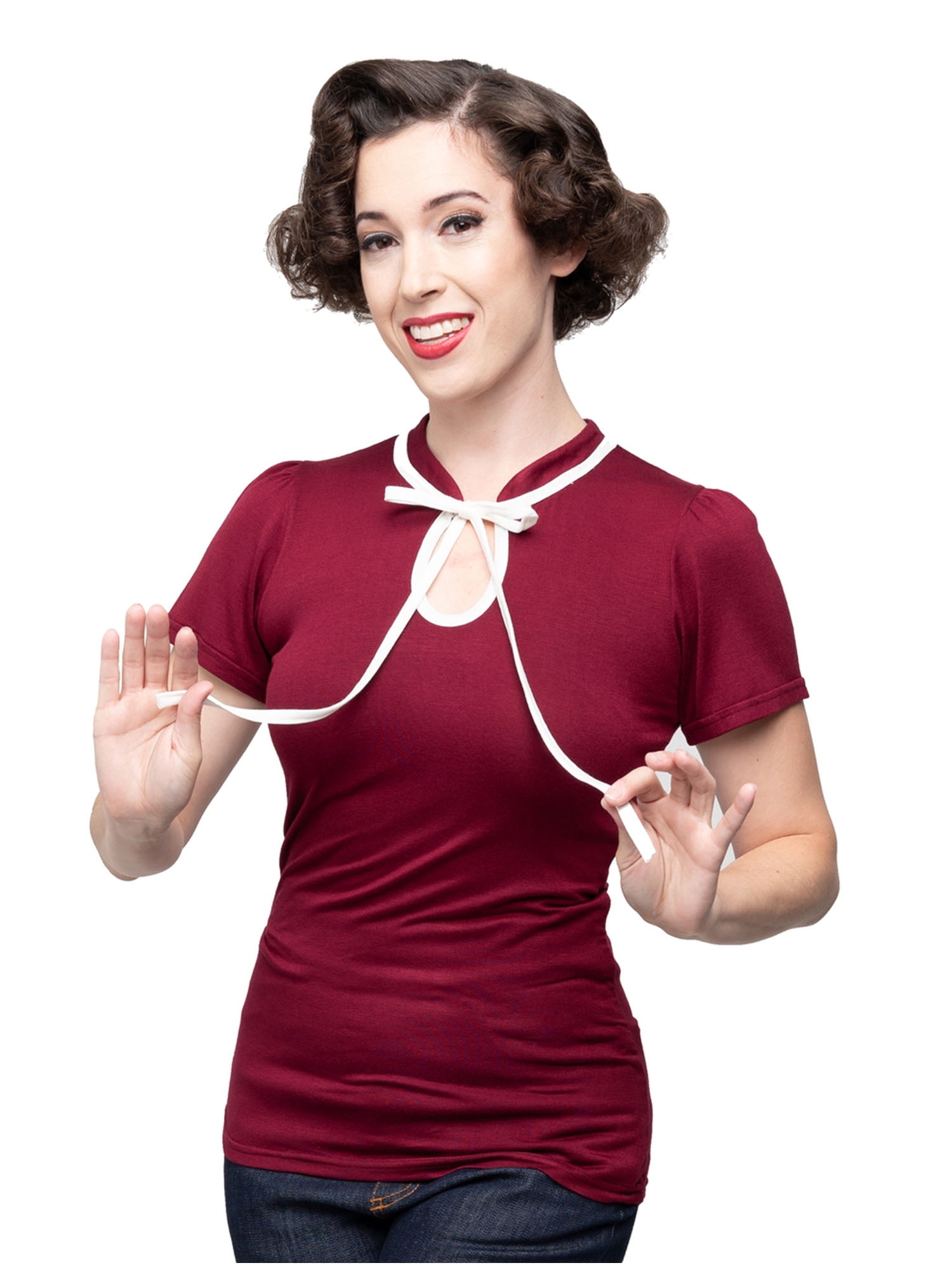 Keyhole Front Tie Fitted Top - Burgundy - S to 2X - Vintage Inspired ...