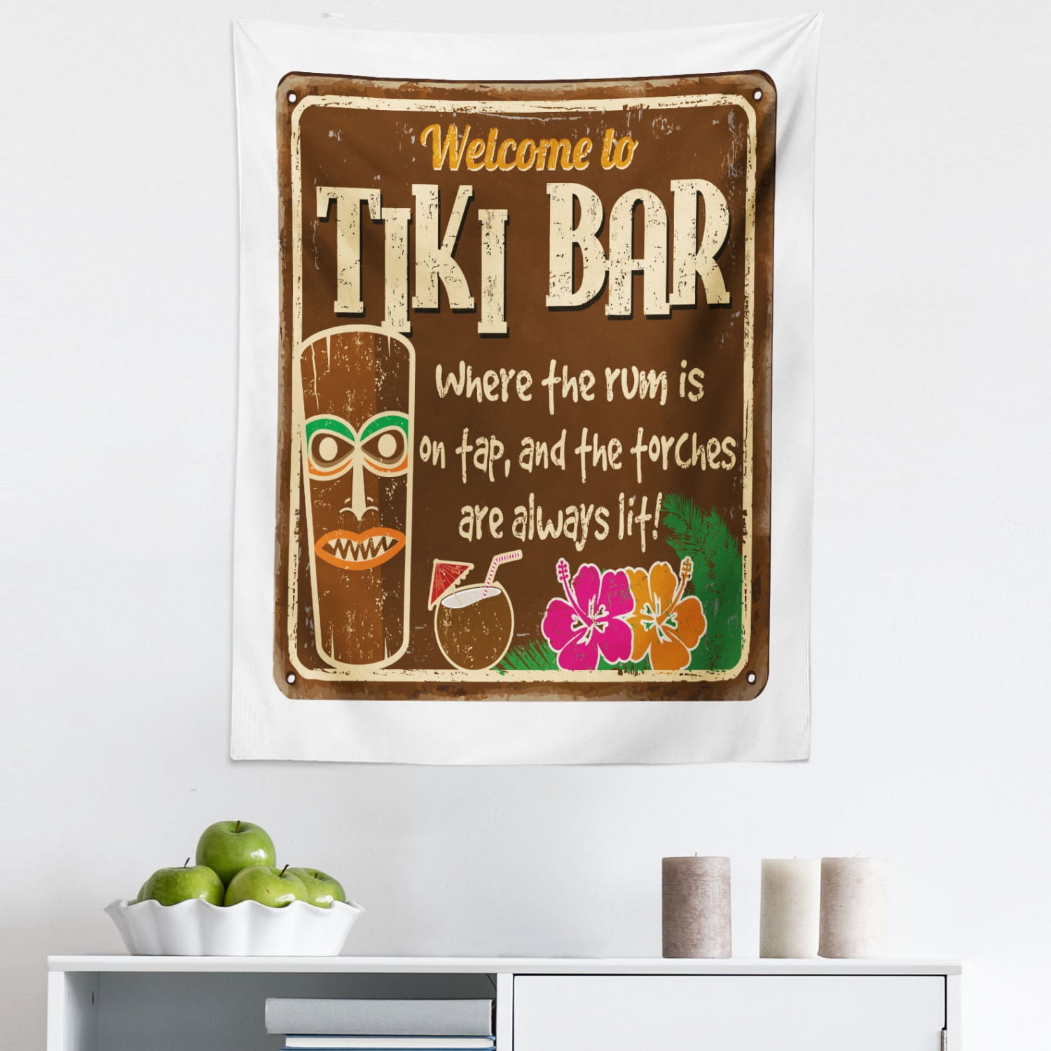 Tiki Bar Tapestry, Aged Old Frame Sign of Inspirational Words Leisure ...