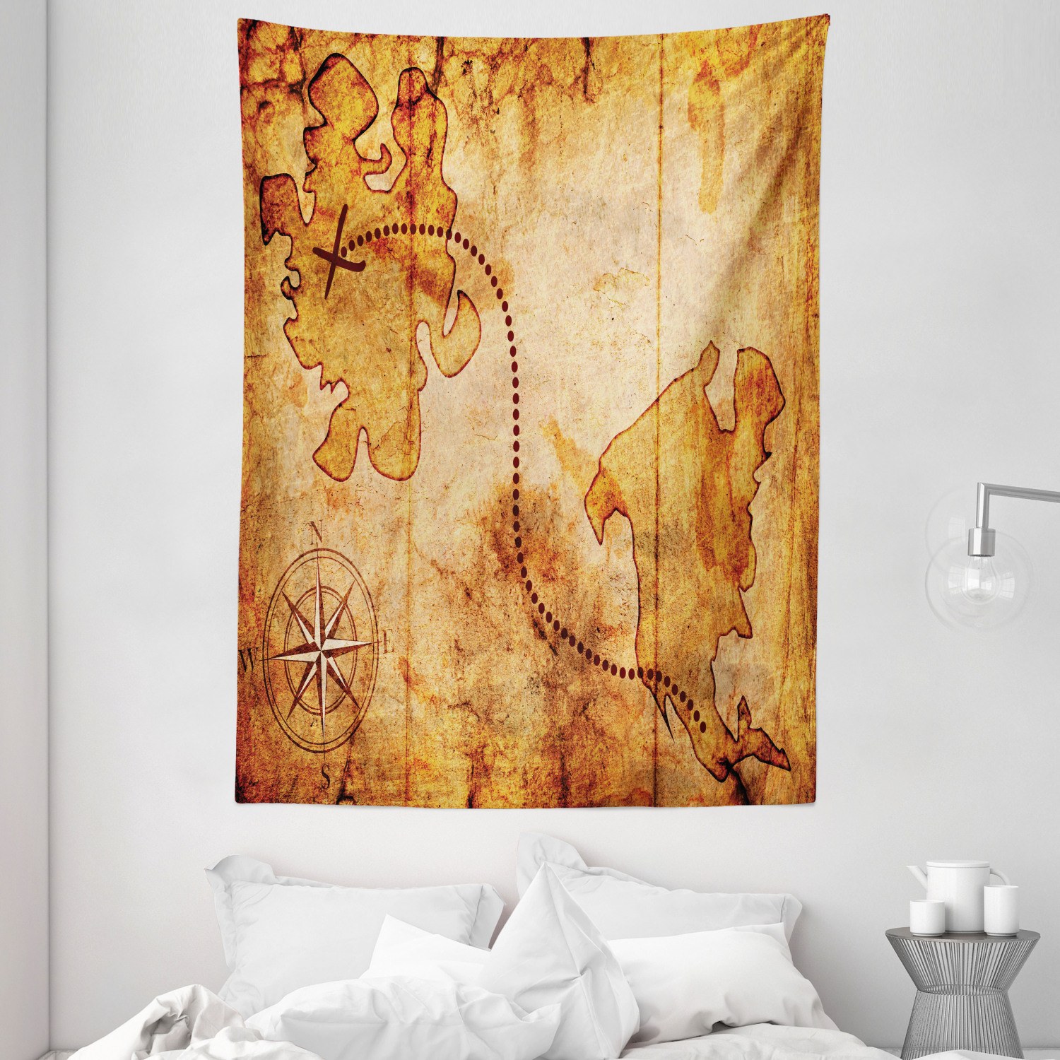 Compass Tapestry, Bohemian Style Treasure Hunt Map with Small Compass ...