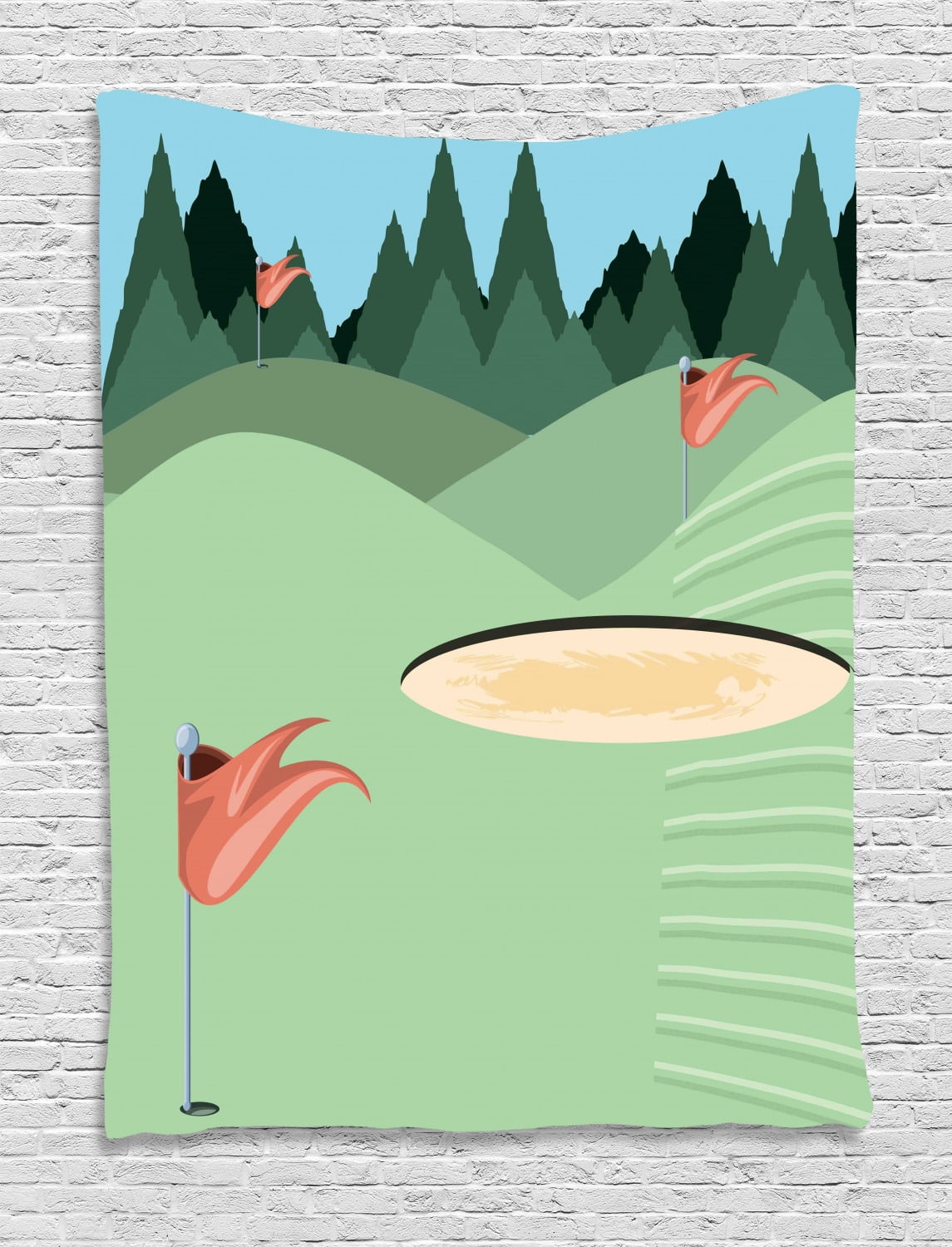 Golf Course Scene Tapestry, Print of Hills Flags and Pine Tree Woodland ...