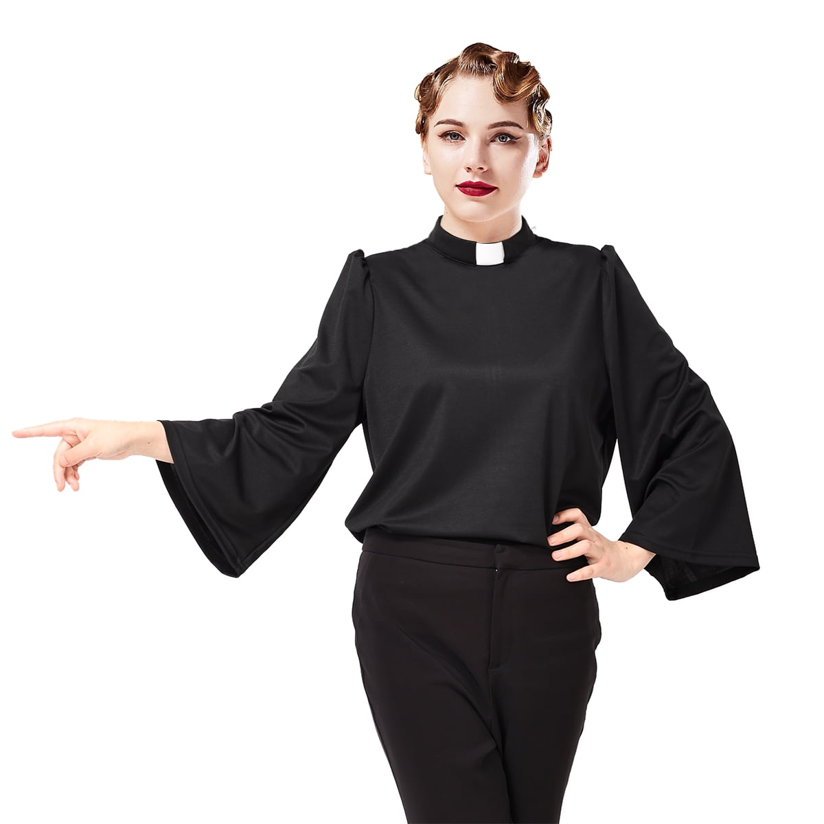 GRACEART Women Clergy Shirt Removedable Tab Collar Flare Sleeves Black ...