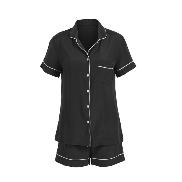 Dewadbow Womens Satin Silk Pajamas Set Short Sleeve Button Down