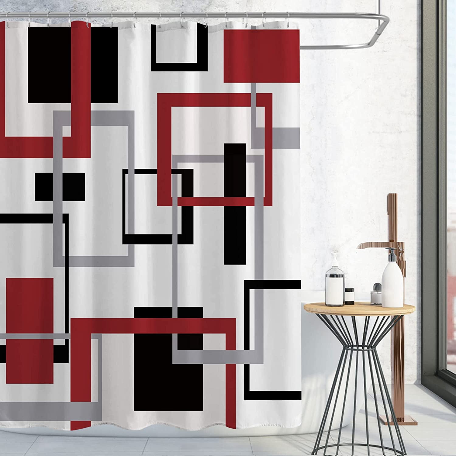 Red Shower Curtain, Mid Century Modern Geometric Shower Curtain Set ...