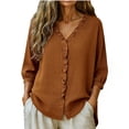Favoffer Women Tops 3/4 Sleeve V Neck Ruffle Trim Button Down Solid ...