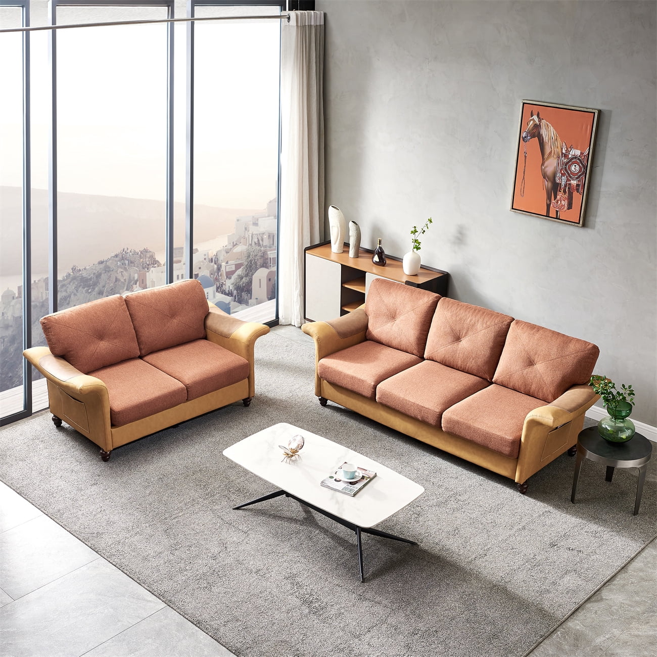 2 Pieces Sectional Sofa Set, Modern Linen Fabric Faux Leather ...