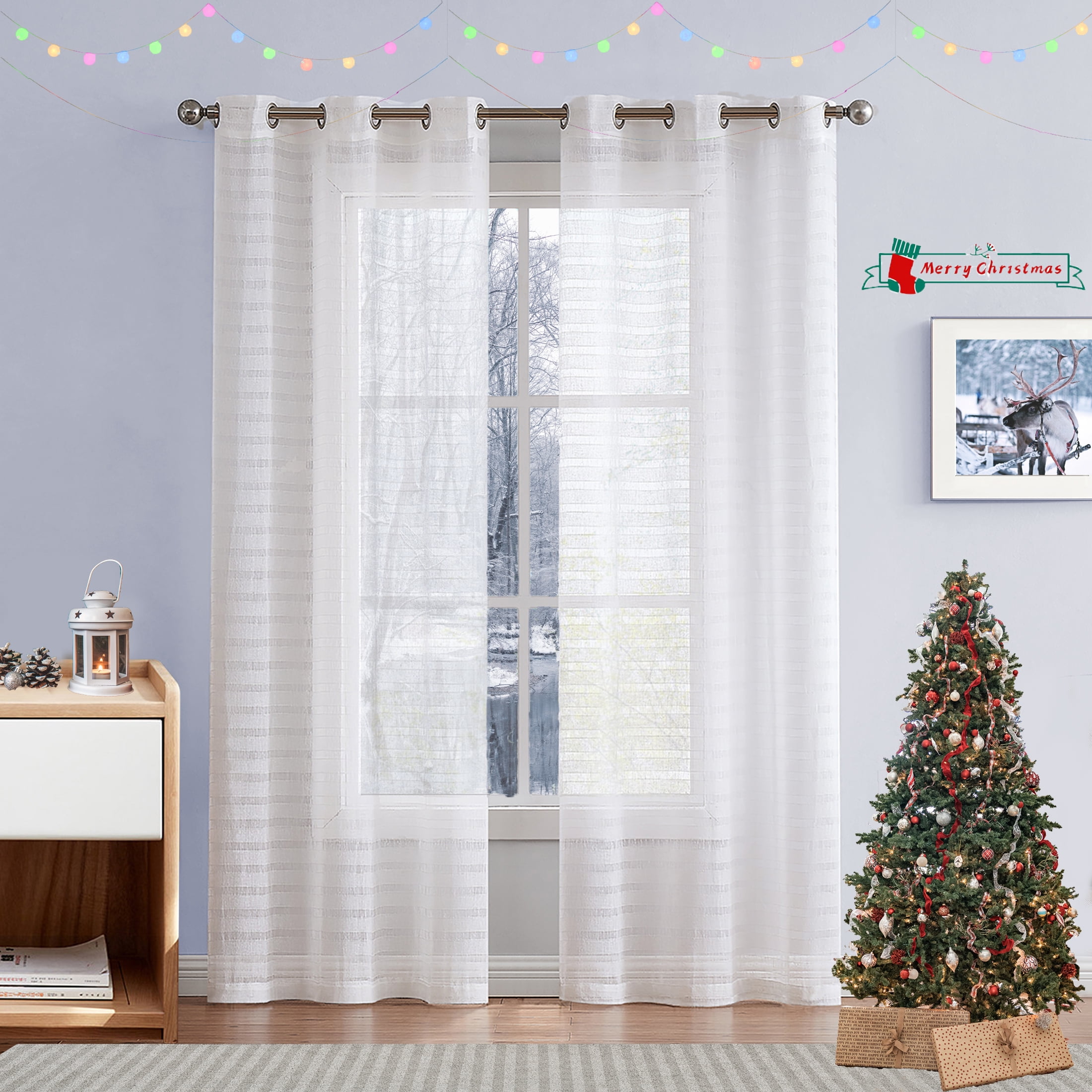 Fragrantex Semi Sheer Off White Curtain Striped Curtains 108 inch ...