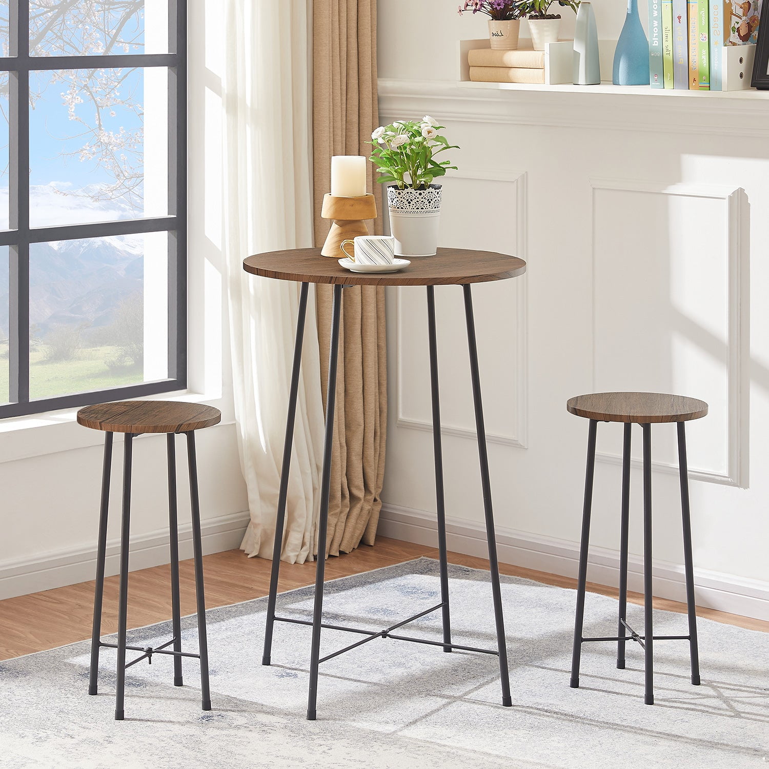 VECELO 3-Piece Bar Table Set with 2 Stools, Space Saving Round Pub ...