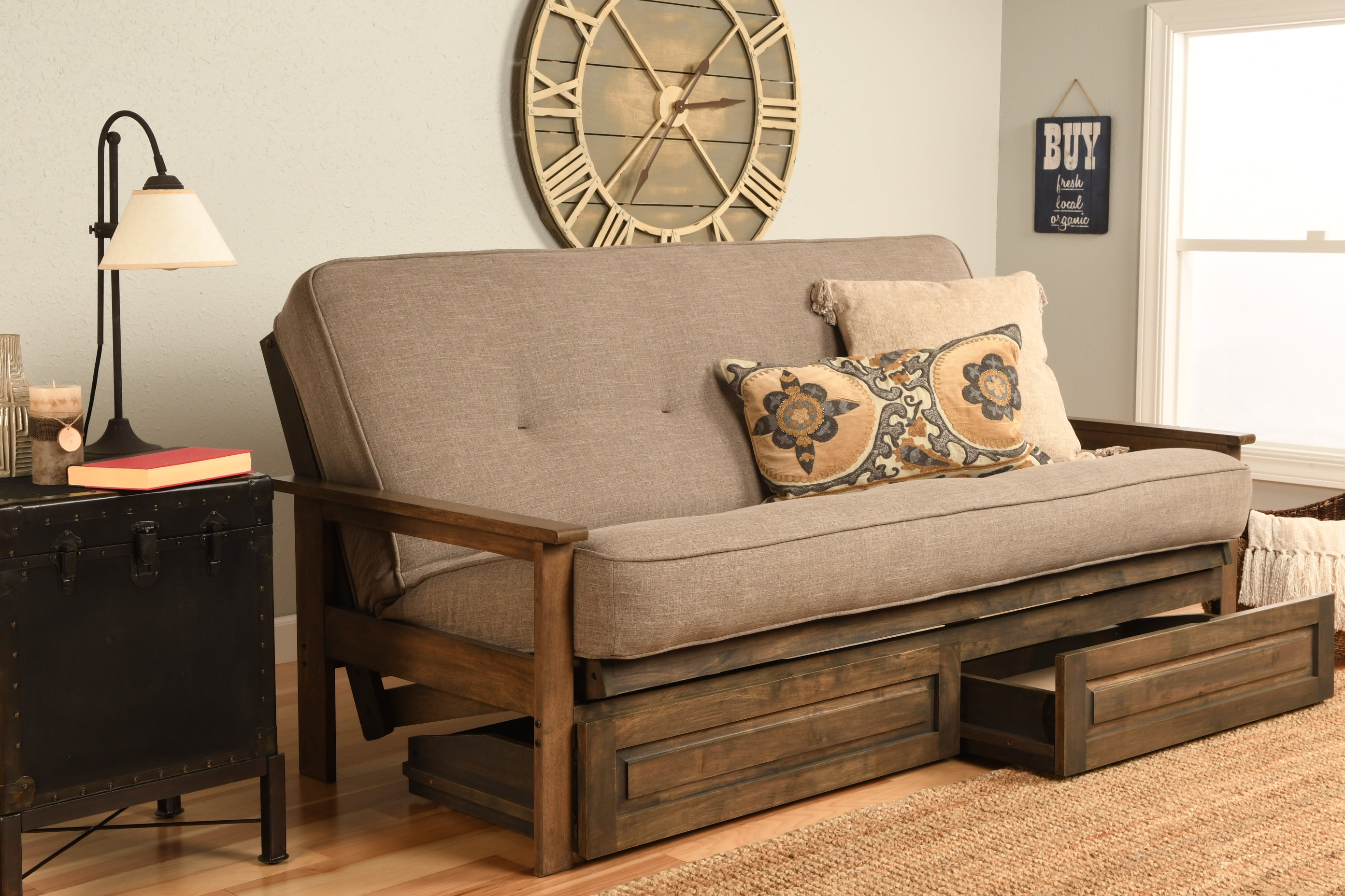 Albany Futon with storage in Rustic Walnut Finish, Multiple Colors ...