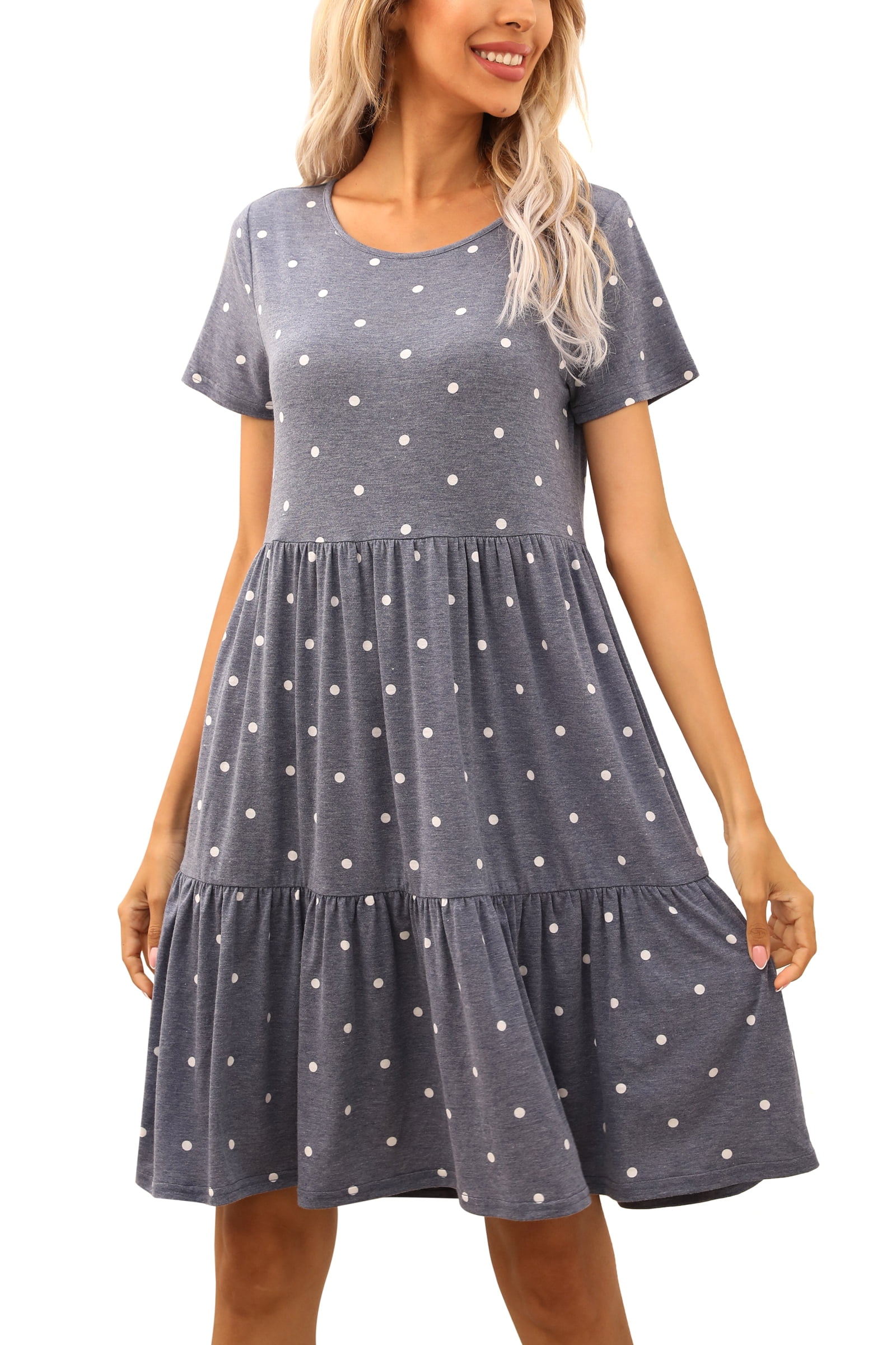 CALIPESSA Womens Summer Tiered Layer Blue Polka Dot Short Dress Casual ...