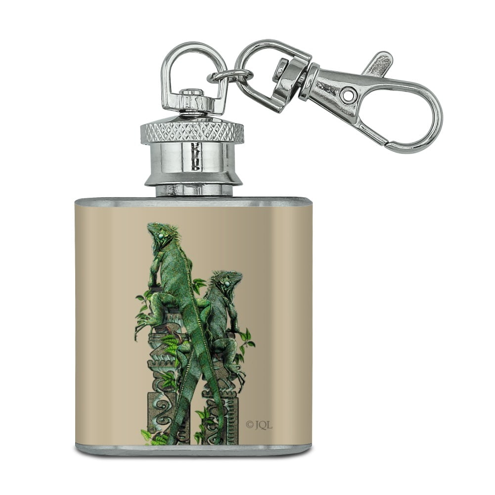 Iguanas Lizards Aztec Temple Stainless Steel 1oz Mini Flask Key Chain ...