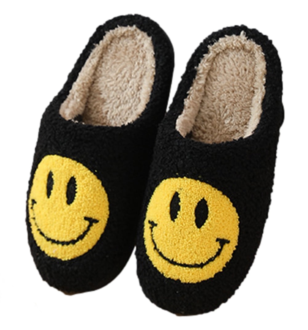 PacificPlex Womens Smiley Smile Slippers Plush Happy Face (7-7.5, Black ...