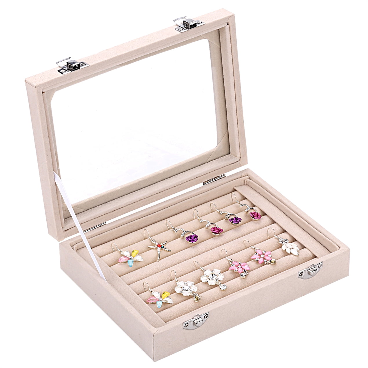 LANTWOO 7 Slots Velvet Glass Jewelry Display Storage Box Ring Earrings ...