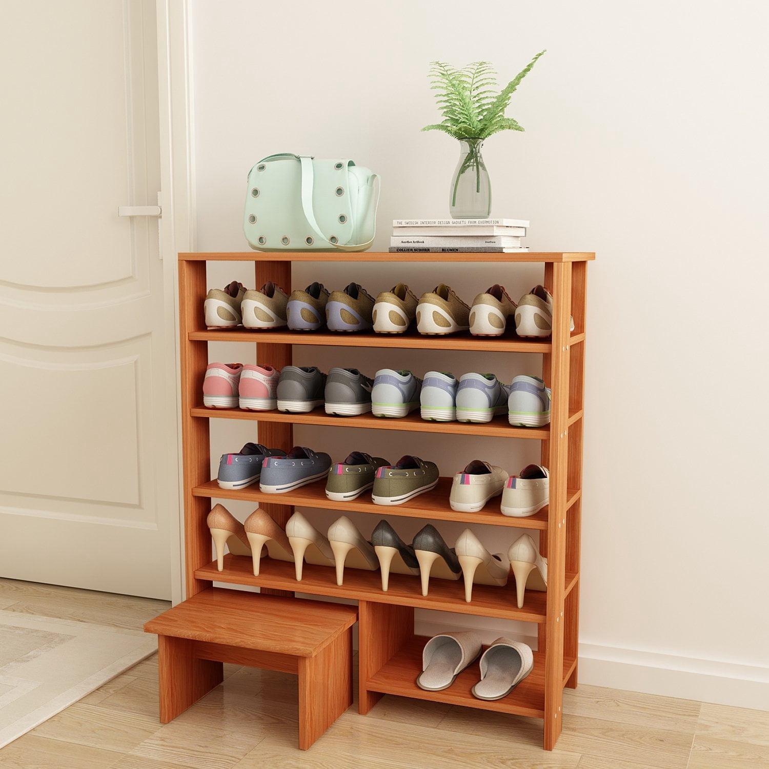 Espresso 5 Shelves Shoe Storage Rack With Chair Finish Solid Wood Espresso 5 Shelves Shoe Storage Rack With Chair Finish Solid Wood