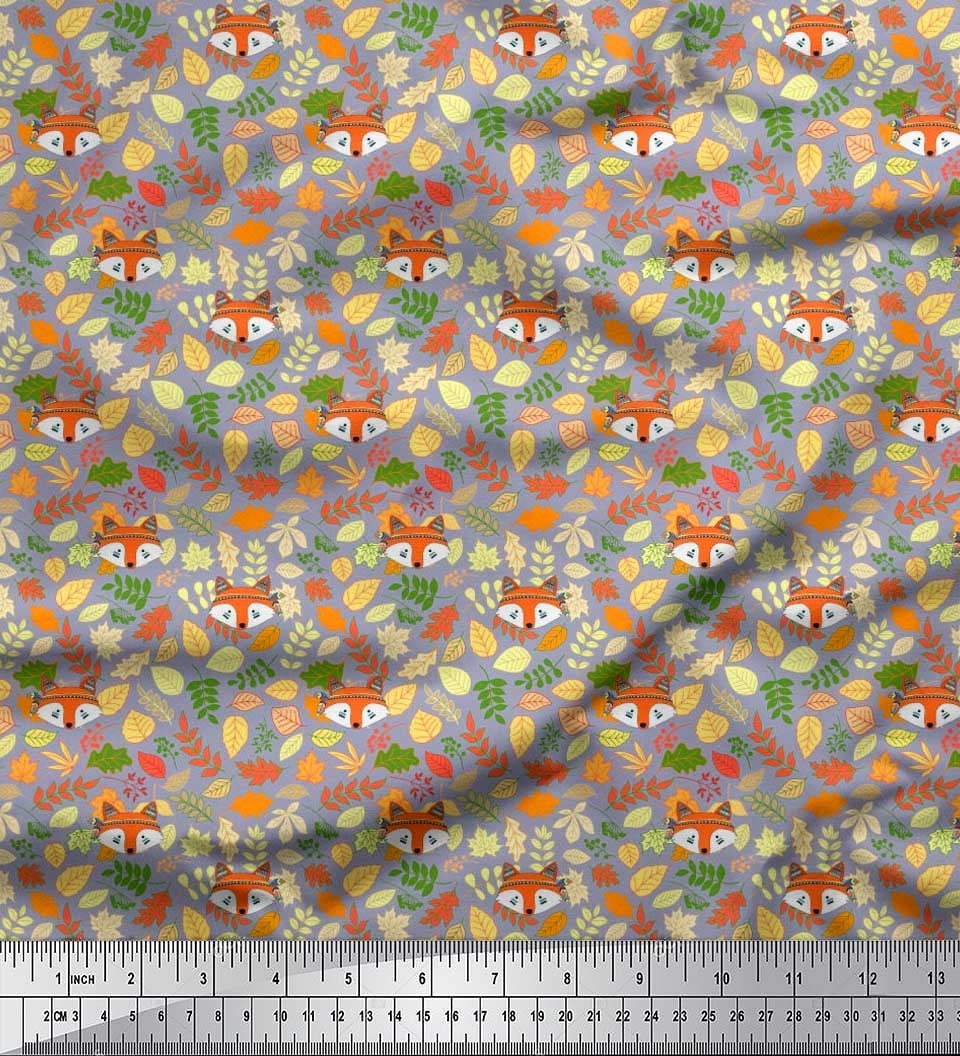 Soimoi Satin Silk Fabric Leaves & Fox Face Cartoon Print Fabric by Yard ...