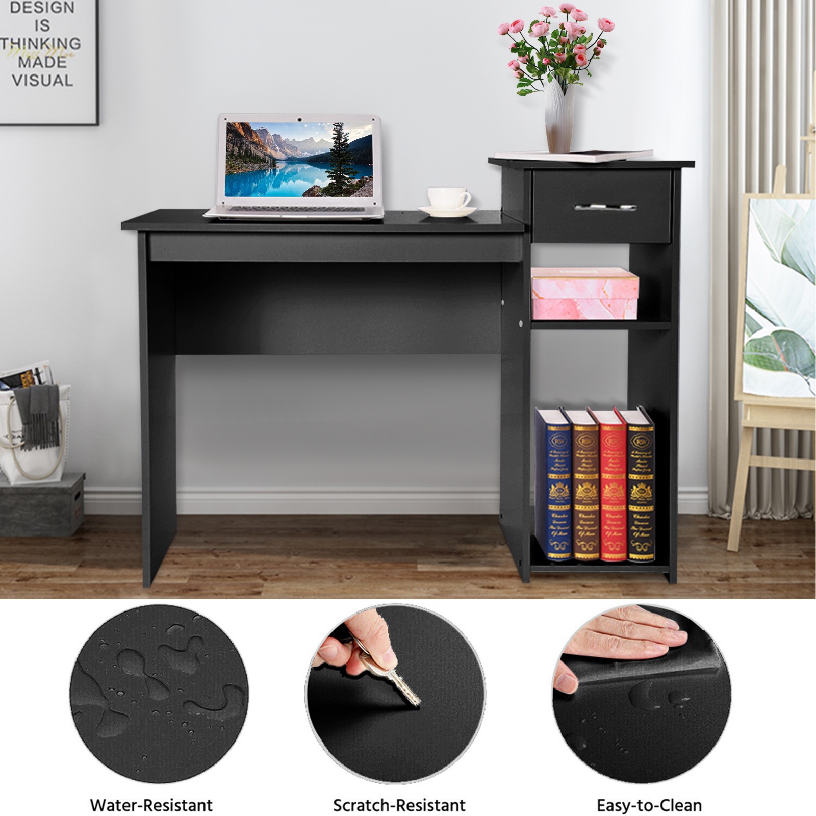 Buy Compact Computer Desk with Drawers and Shelves for Small Space ...