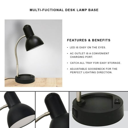 Mainstays LED Gooseneck Desk Lamp with Catch-All Base & AC Outlet ...