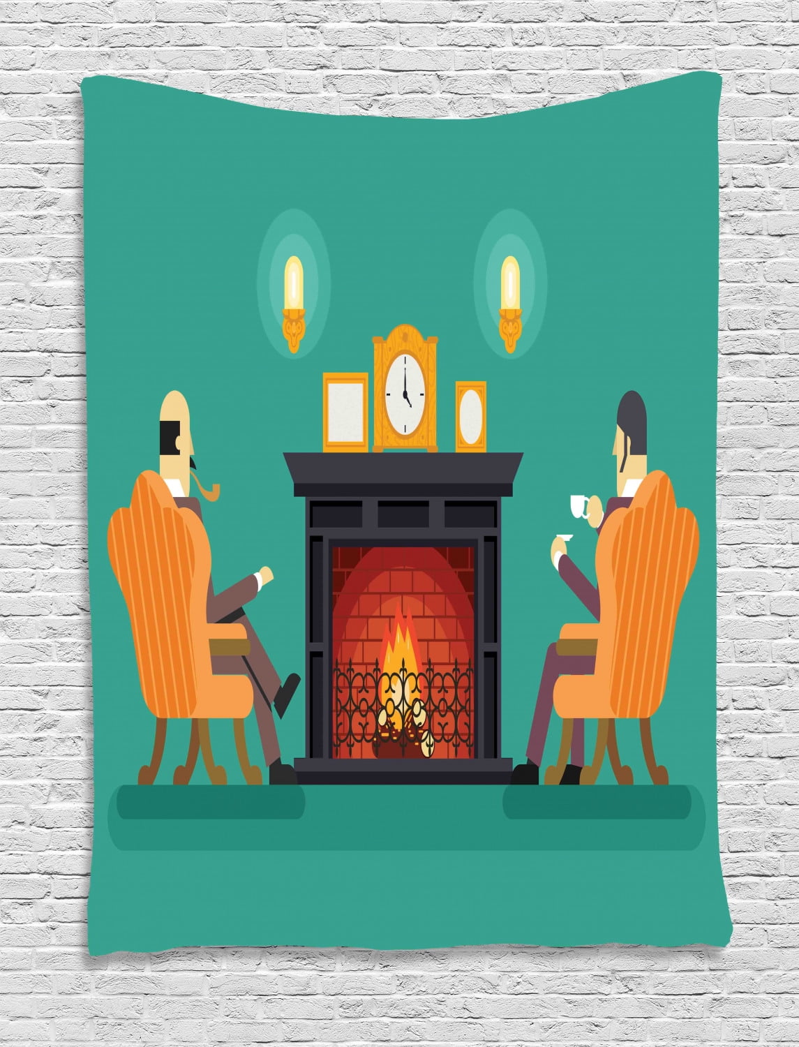 Fireplace Tapestry, Cartoon of Classic Look Log Fire Design and ...
