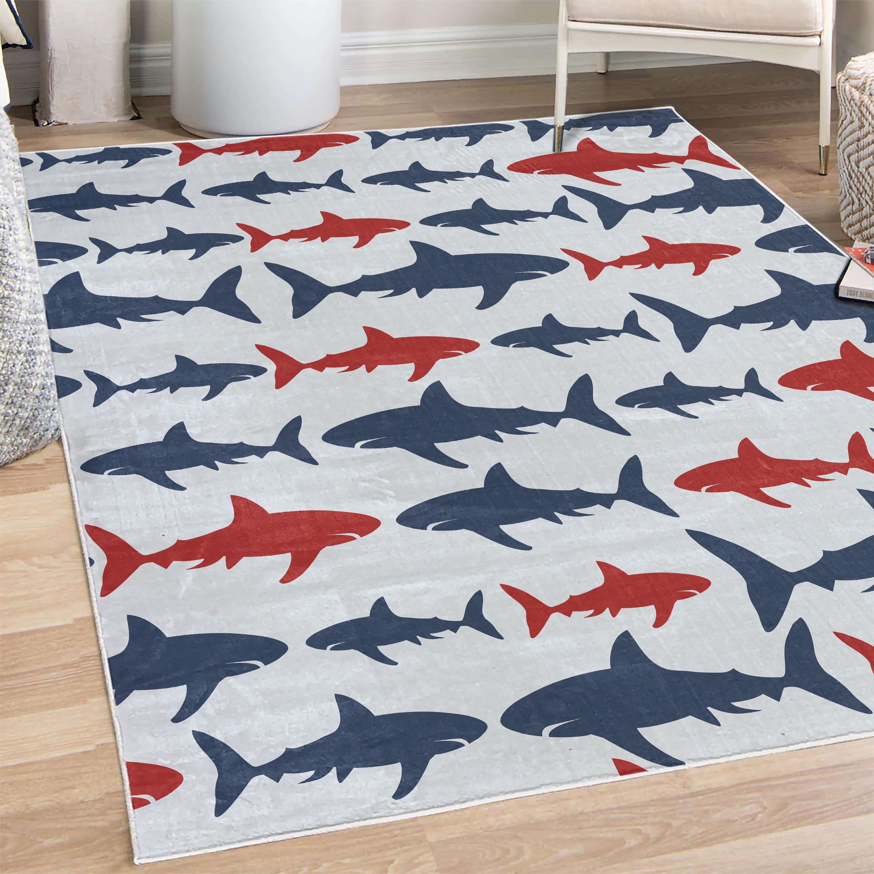 Sea Animals Decorative Rug, Monochrome Shark Illustration Fashion ...
