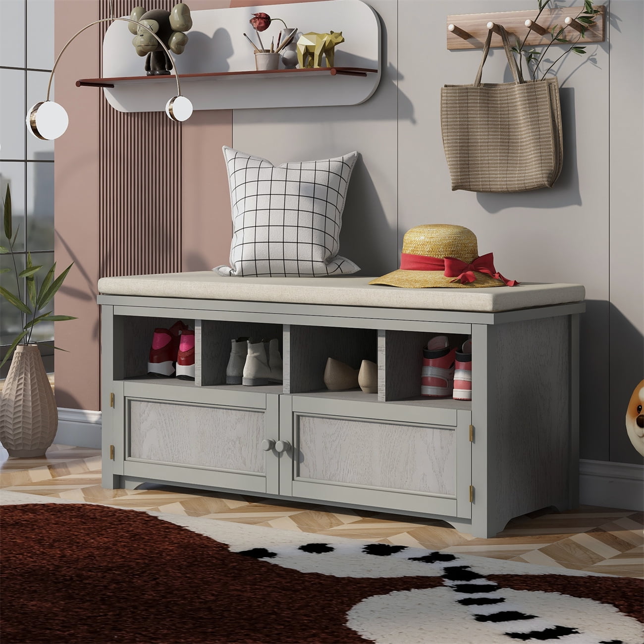 Two-Door Storage Bench, Rustic Style Entryway Bench with Linen ...