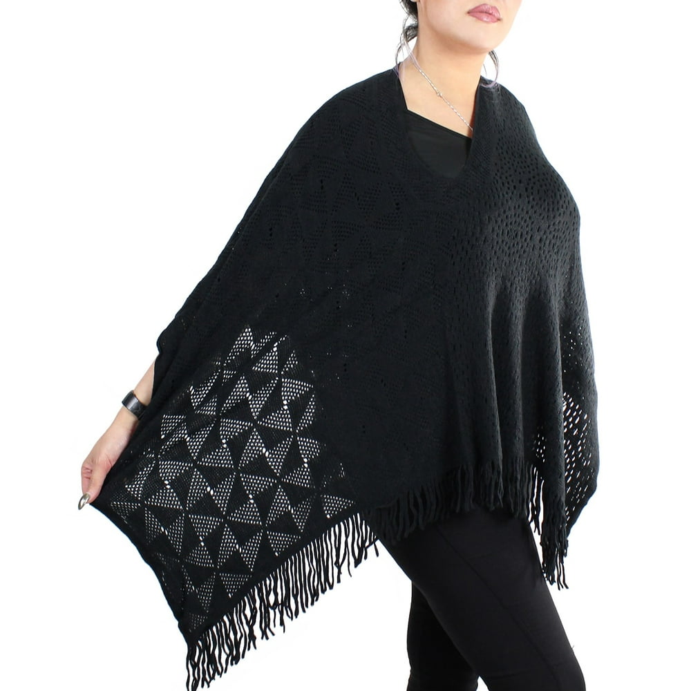 A&O - V-Neck Knitted Short Poncho Black - Walmart.com - Walmart.com