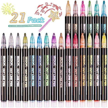 Double Line Outline Pens, 21 Colors Self-Outline Metallic Markers ...