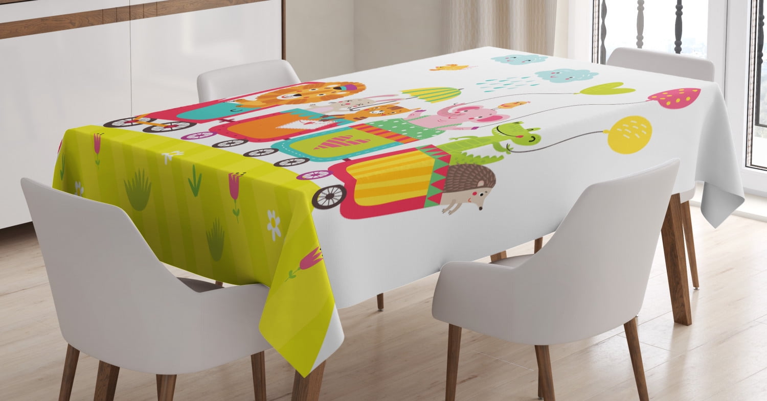Nursery Tablecloth, Childish Drawing Cartoon with Animals in Wagons ...