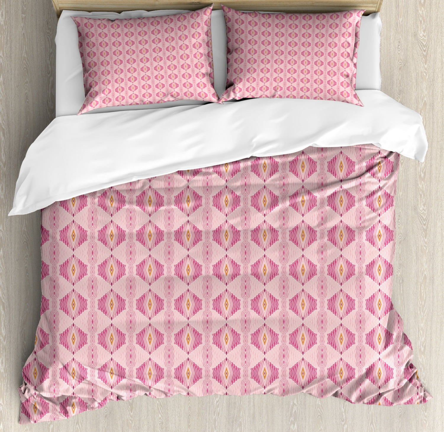 Pink Duvet Cover Set King Size, Geometric Ornament with Wavy Rhombus ...