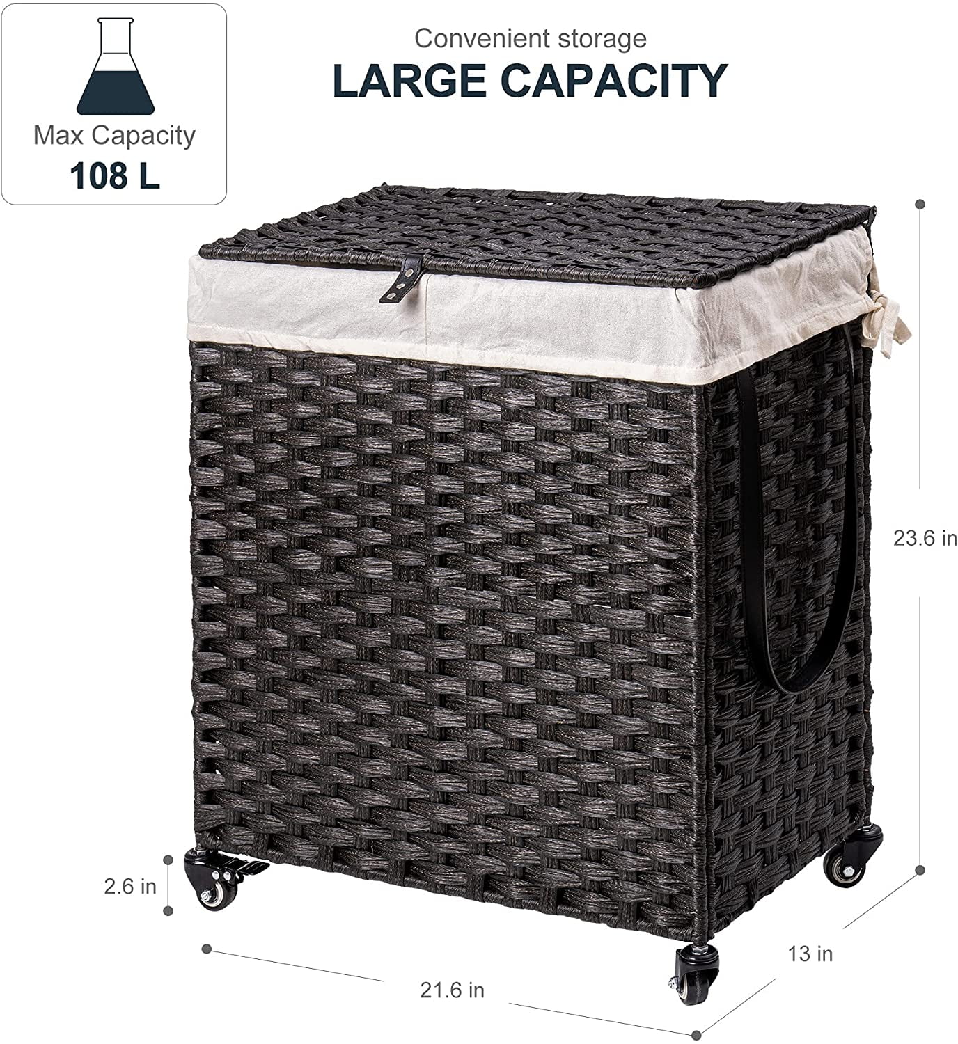 Divided Laundry Hamper with lid and Wheels Synthetic Rattan Dirty ...