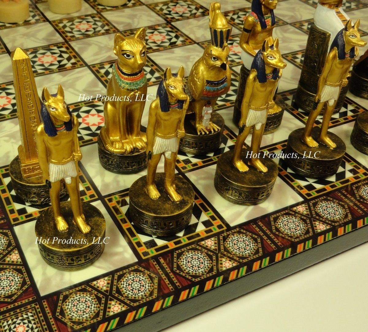Egyptian Anubis Anubis Buff & Gold Chess Set W/ 14" Mosaic Color Board ...