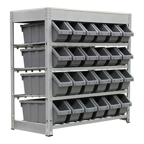 King's Rack 4-Tier Metal Organizer Shelving Rack with 24 Bins in Gray ...