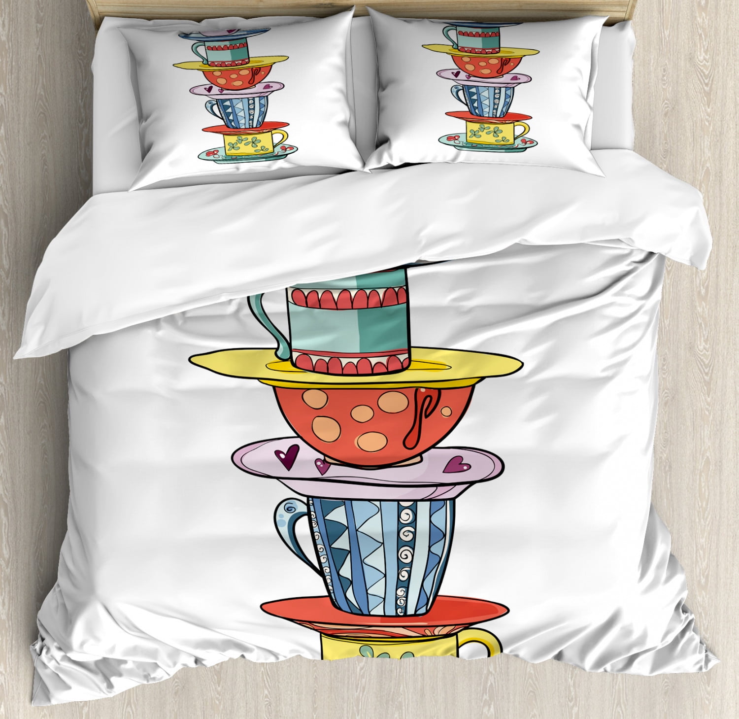 Tea Duvet Cover Set Queen Size, Ornamental Old Fashioned Tea Cups with ...