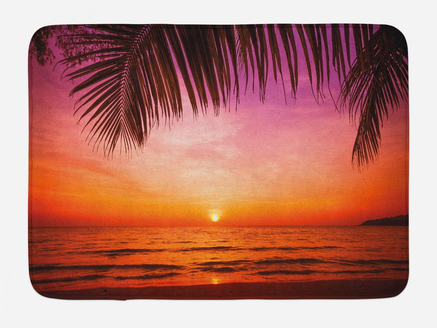 Tropical Bath Mat, Exotic Sunset above the Sea Scenery from Coconut ...