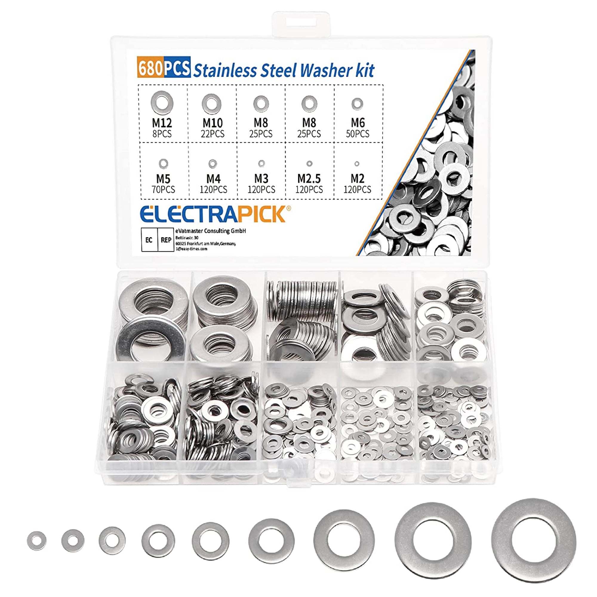 Electrapick 680PCS 304 Stainless Steel Flat Washers Assortment kit, 9 ...