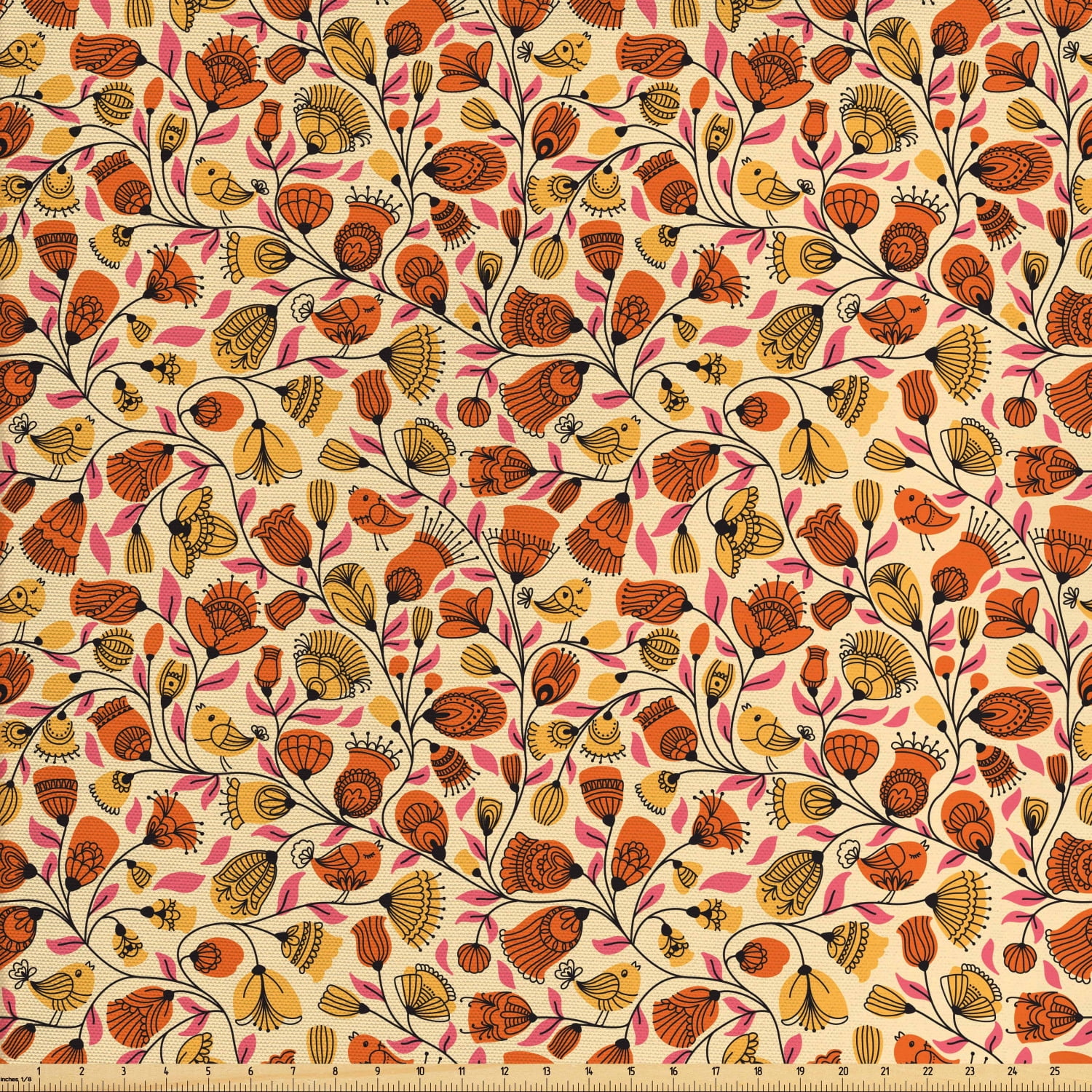 Floral Fabric by the Yard, Ornamental Pattern with Flowers and Birds ...