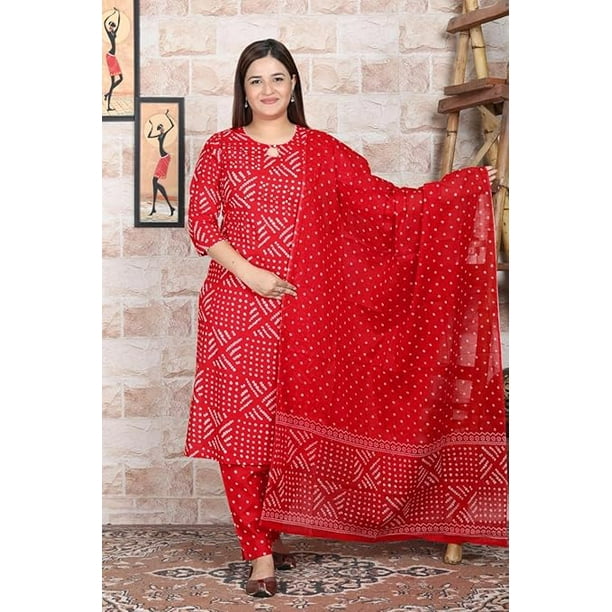 Aizza Trends Women's Cotton Febric Bandhej Print Straight Kurti With Pant and Dupatta Set ...
