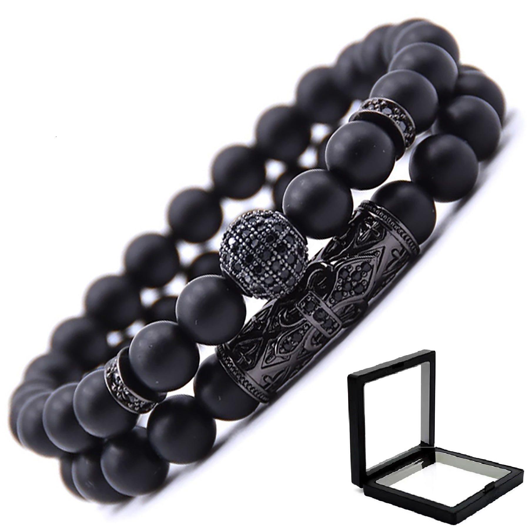 2 PCS 8mm Black Matte Beads Obsibian Black Onyx Stone Bracelets Sets ...