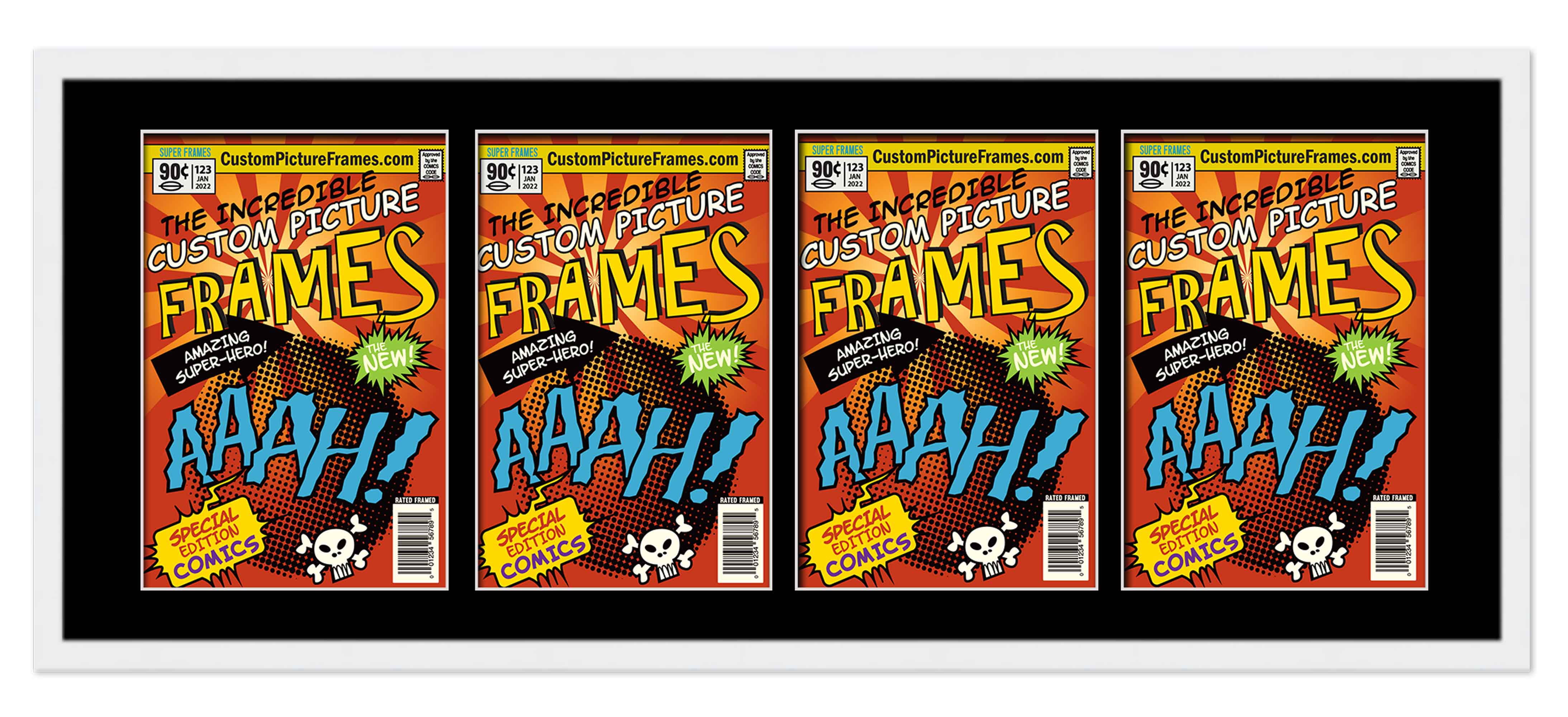 White Comic Book Frame with Black Mat - 4 Openings to Display 4 6.875 ...