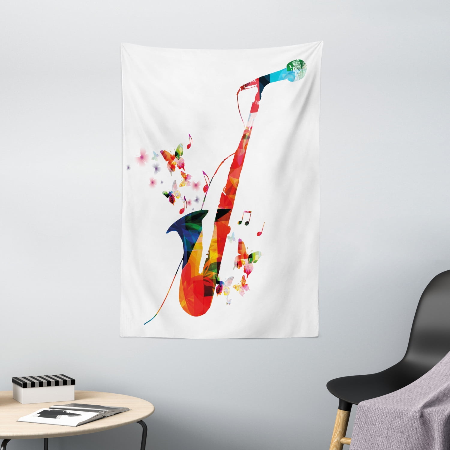 Music Tapestry, Jazz Theme Colorful Saxophone with Microphone with ...