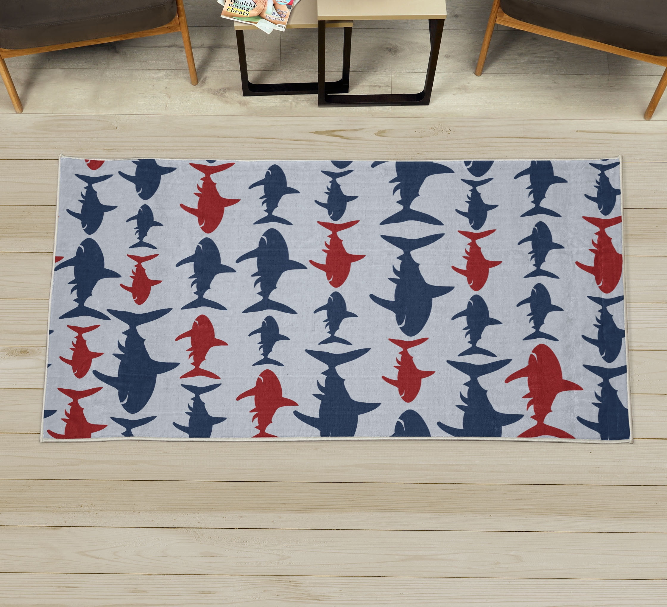 Sea Animals Decorative Rug, Monochrome Shark Illustration Fashion ...