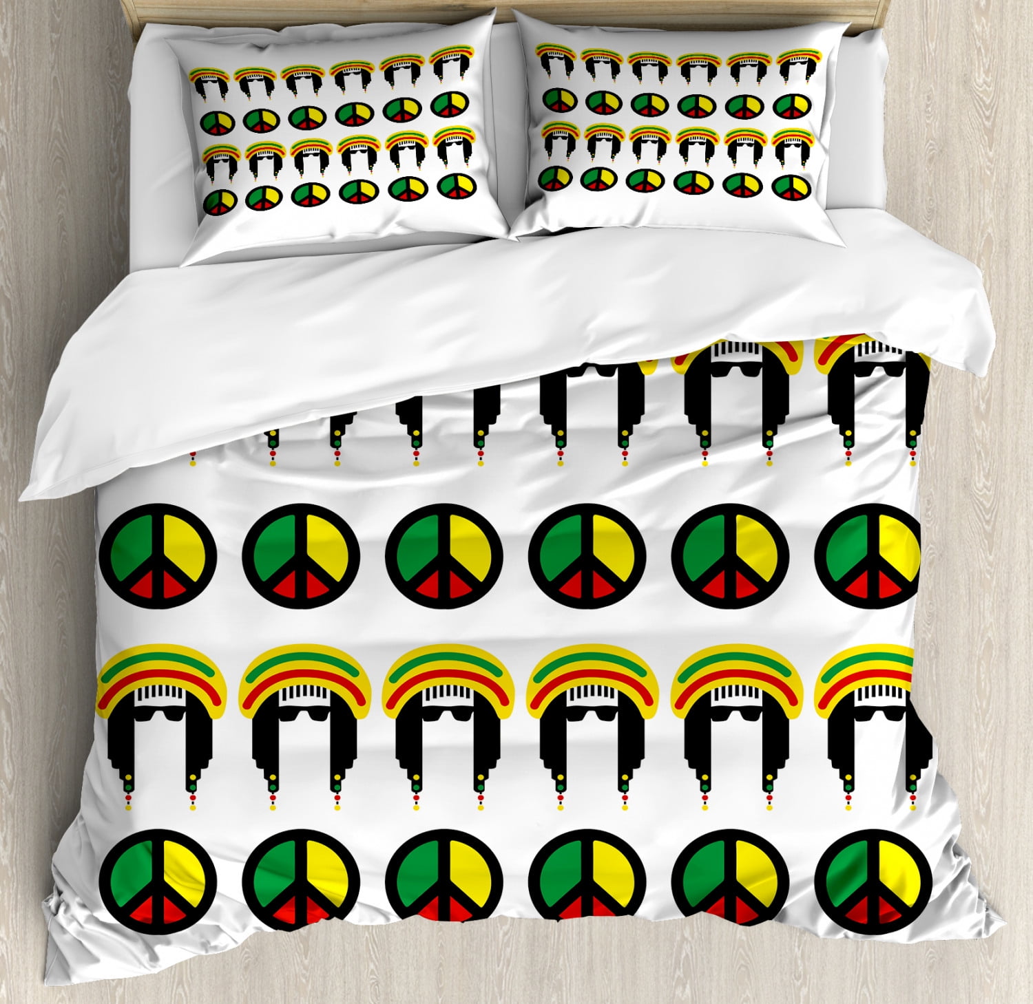 Jamaican Duvet Cover Set King Size, Reggae Icons Colorful Peace Symbols ...
