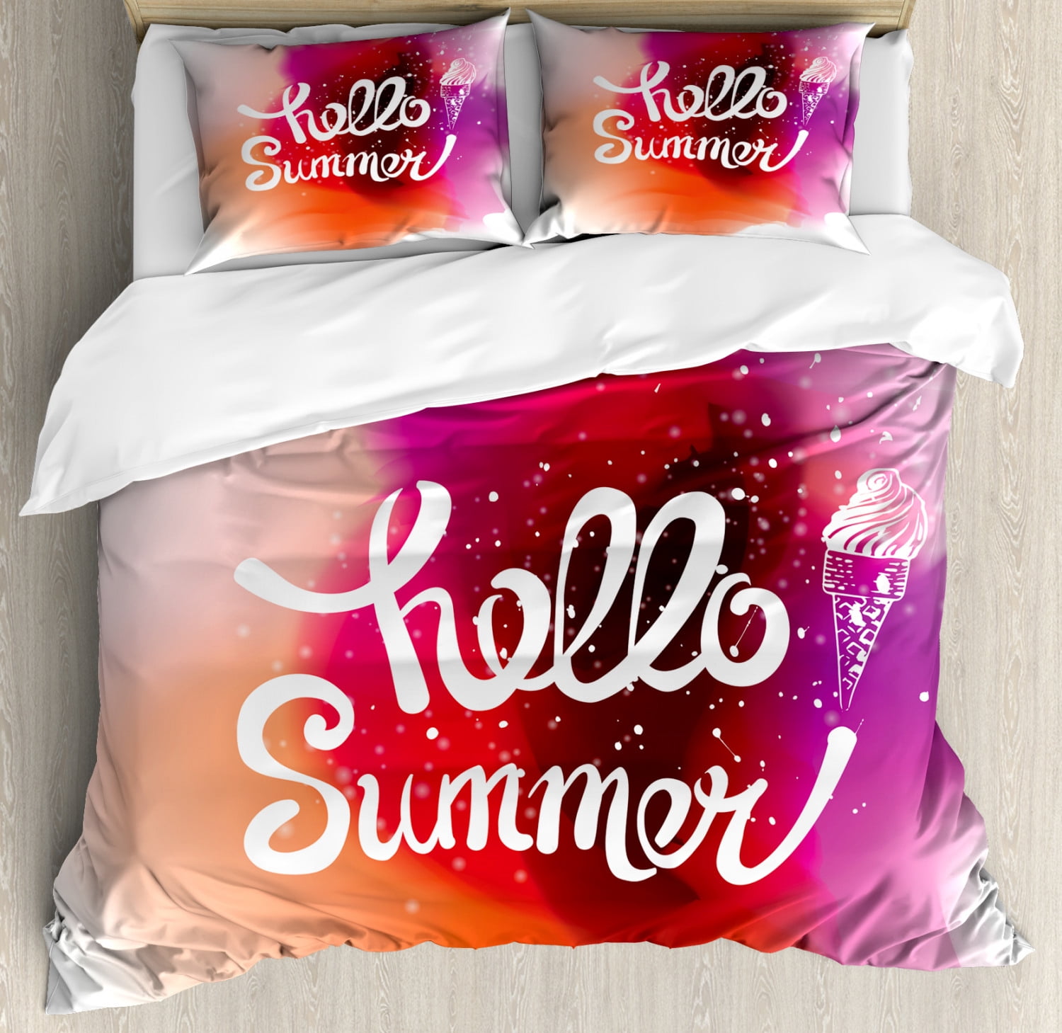 Hello Summer Duvet Cover Set King Size, Cursive Typography with Outline ...