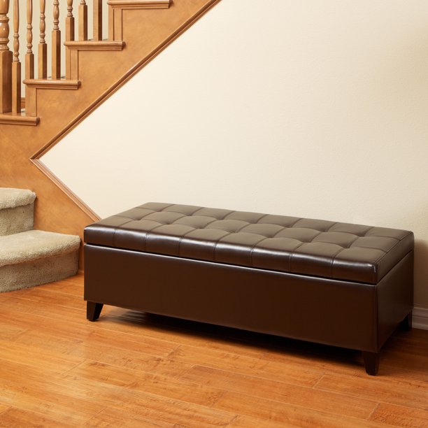Noble House Logan Brown Tufted Faux Leather Ottoman Storage Bench ...