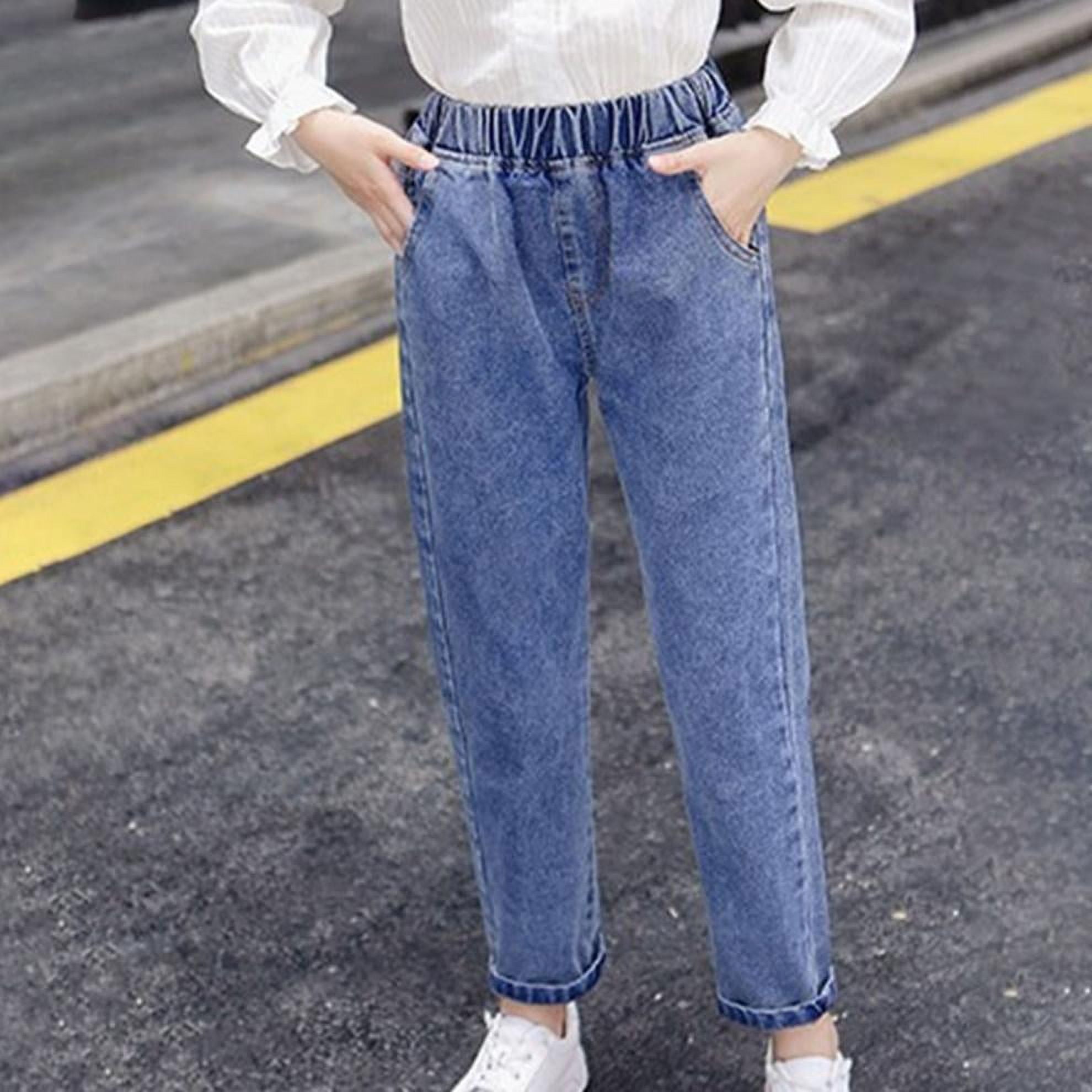 Unbranded Spring And Summer Cute Print Girls Pocket Elastic Waist Comfy Full Length Pants Jeans