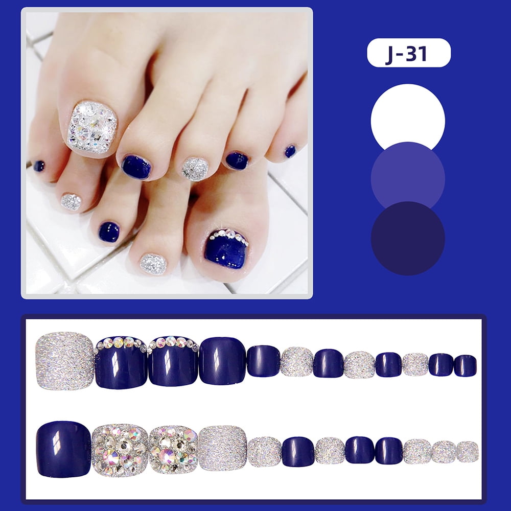 24pcs Short Round False Toenail Blue Silver Solid Color Nail Easy Wear ...