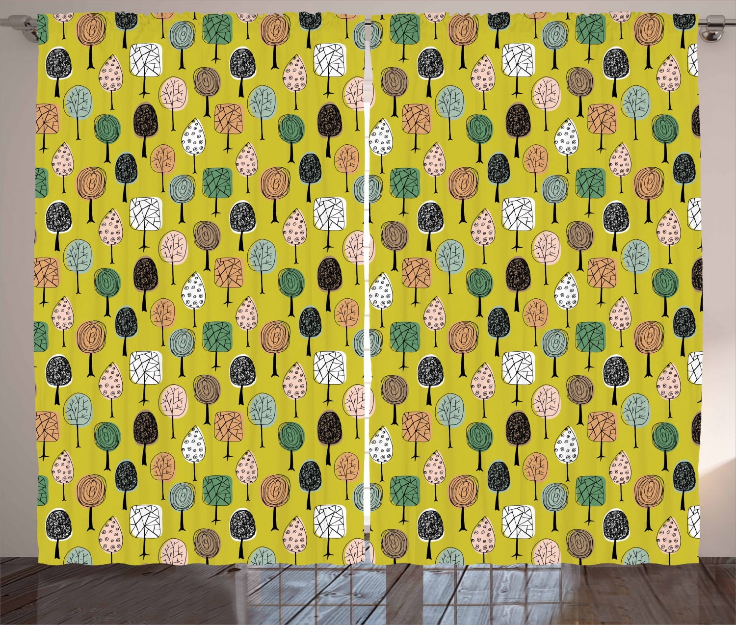 Geometric Forest Curtains 2 Panels Set, Hand Drawn Colorful Autumn ...