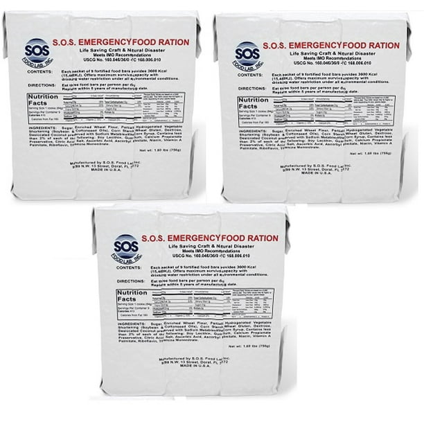 (3)SOS Rations EMERGENCY Earthquake 3600 Calorie Food Bar Survival 3 ...