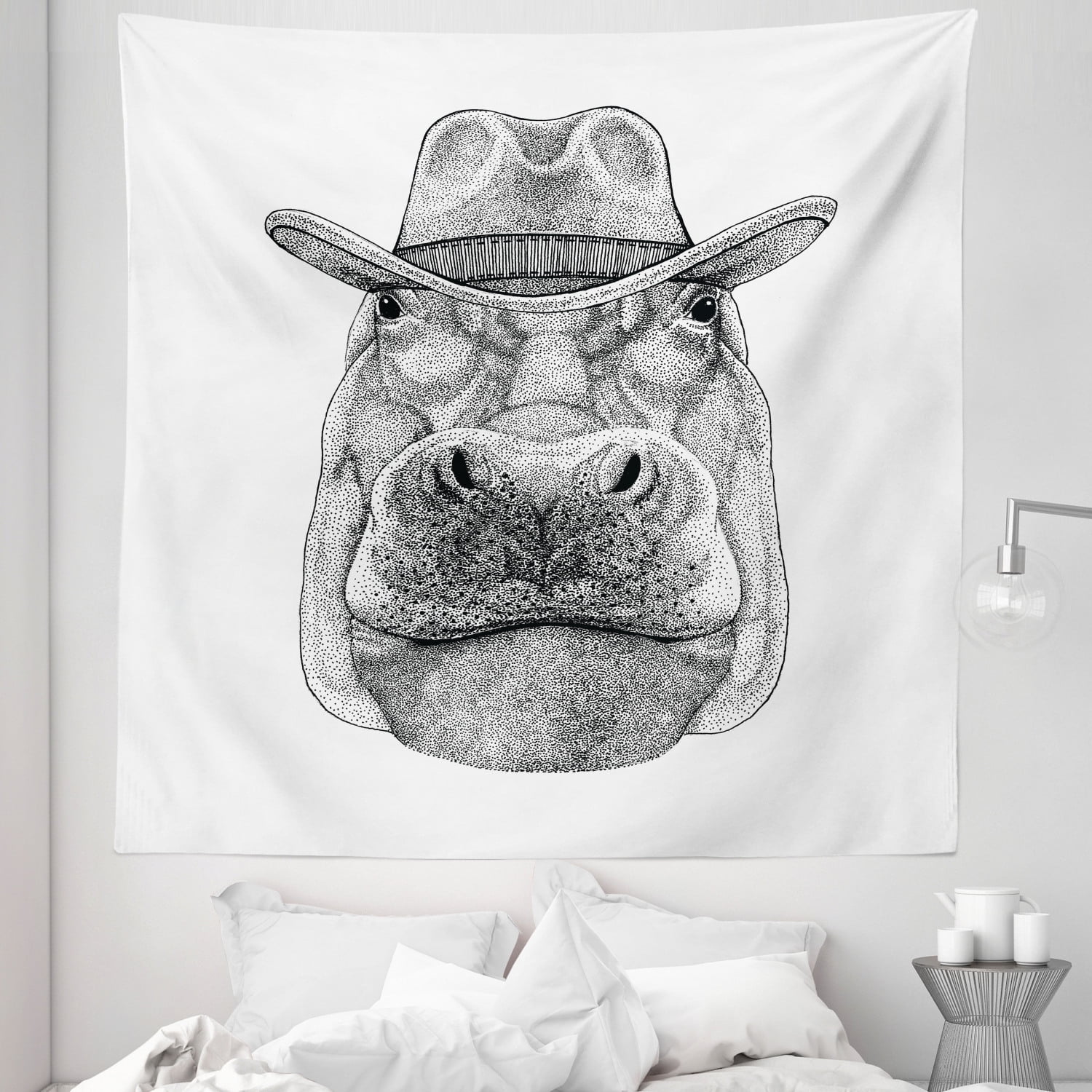 Hippo Tapestry, Behemoth Animal Wearing Cowboy Hat Wild West Inspired ...